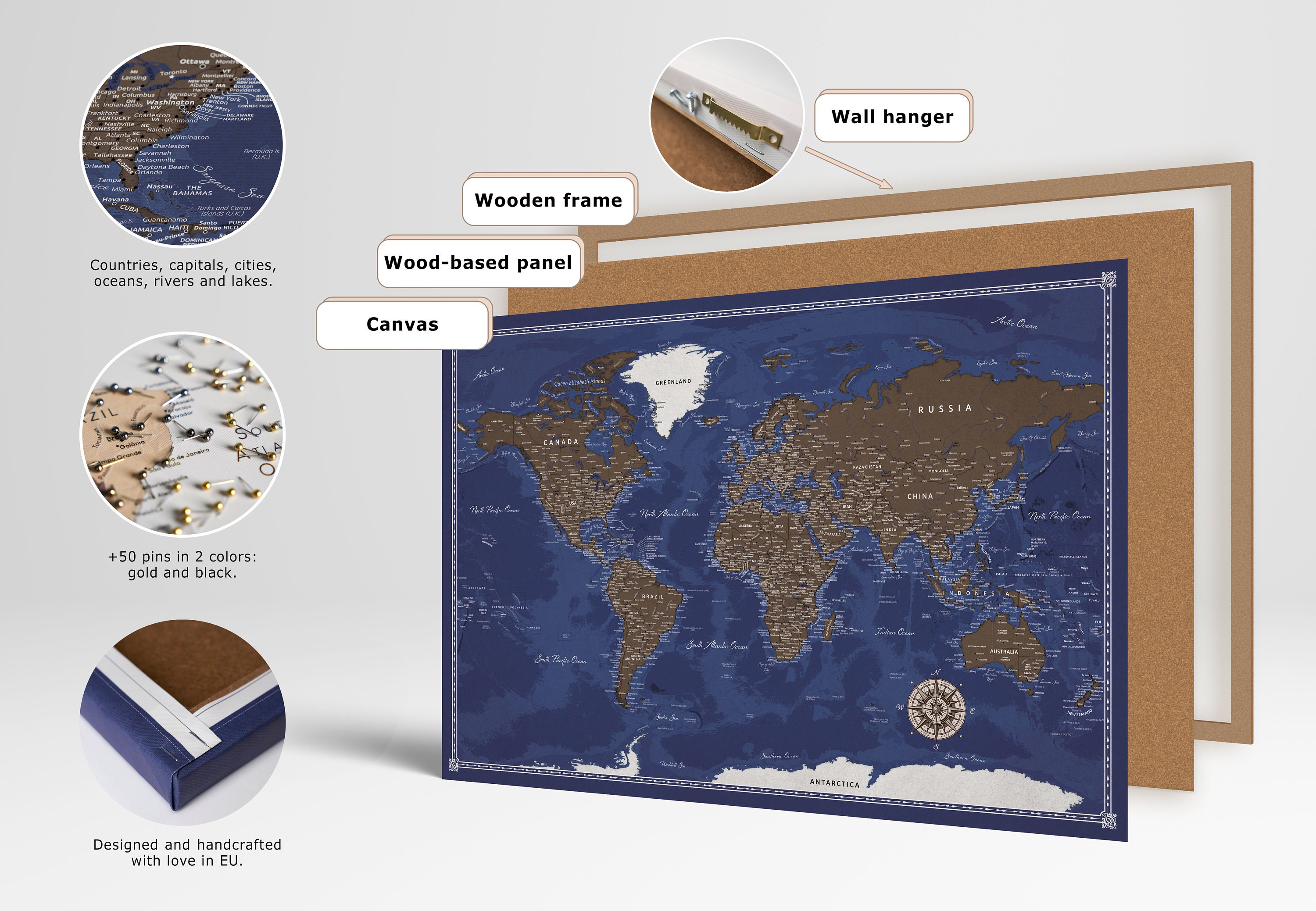 Customized World Travel Map on Canvas With Pins Ideal for Tracking ...