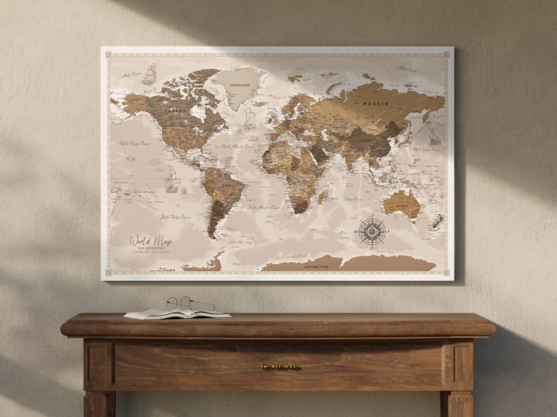 Personalised Push Pin World Map on Canvas – Vintage Travel Map Pinboard ...