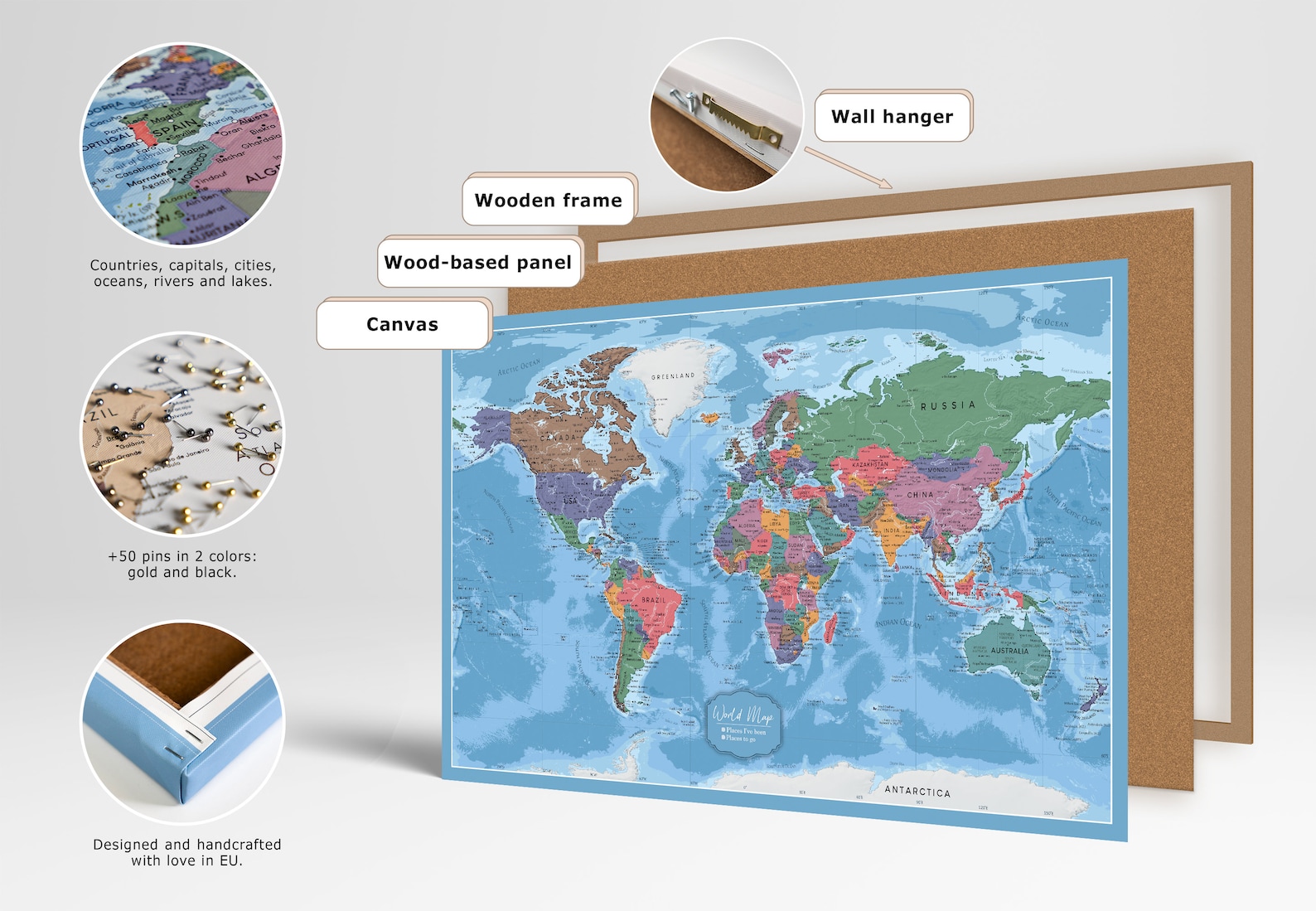 Personalized Travel World Map Push Pin Canvas Pinboard Handmade Home ...