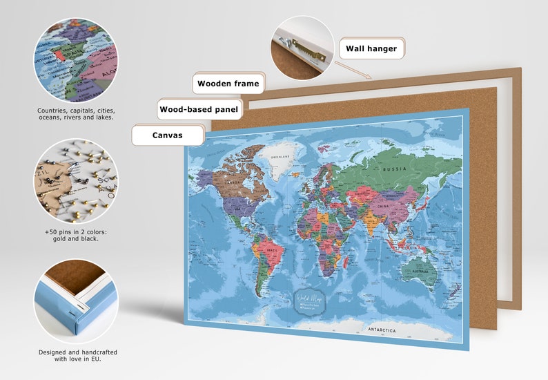 Personalized Travel World Map Push Pin Canvas Pinboard Handmade Home ...