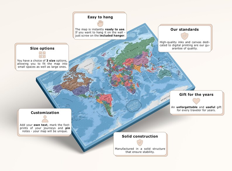 Personalized Travel World Map Push Pin Canvas Pinboard Handmade Home ...