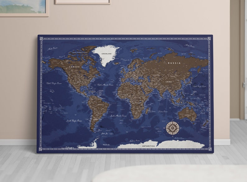 Customized World Travel Map on Canvas With Pins Ideal for Tracking ...