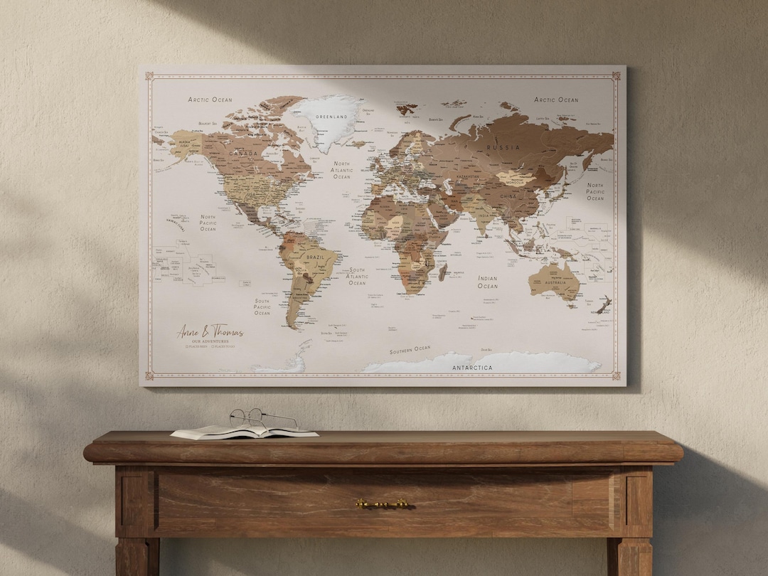 Personalized Push Pin World Map Canvas | Brown Travel Map Pinboard Wall ...