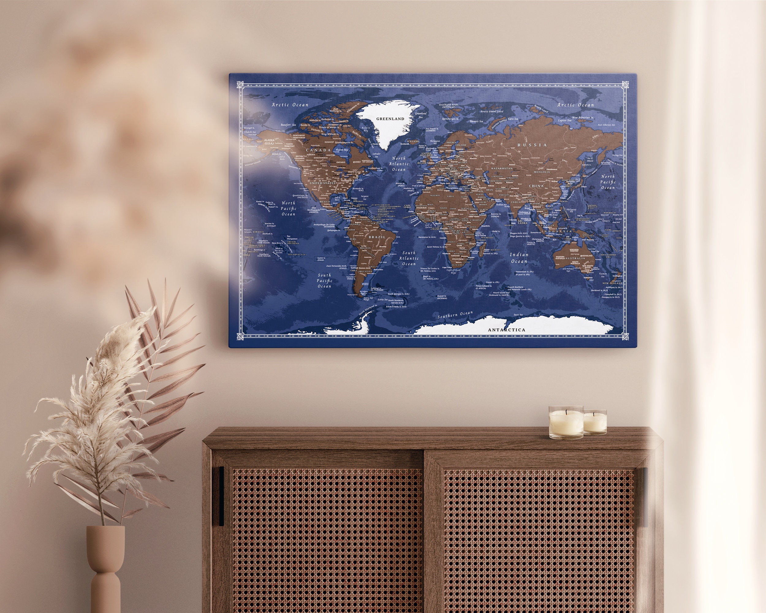 World Map Pinboard on Canvas 50 Pins Included Cork Board - Etsy