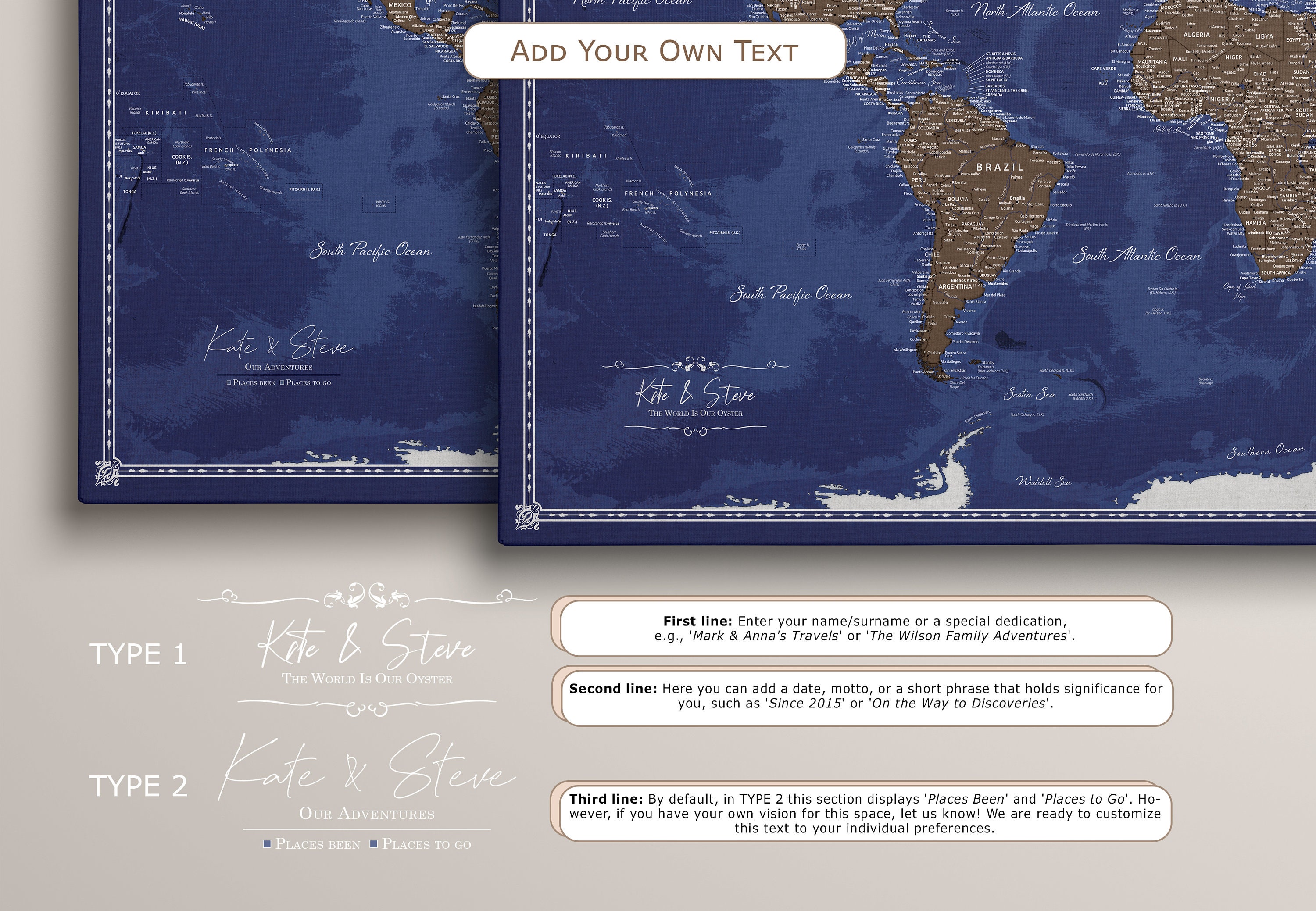 Customized World Travel Map on Canvas With Pins Ideal for Tracking ...