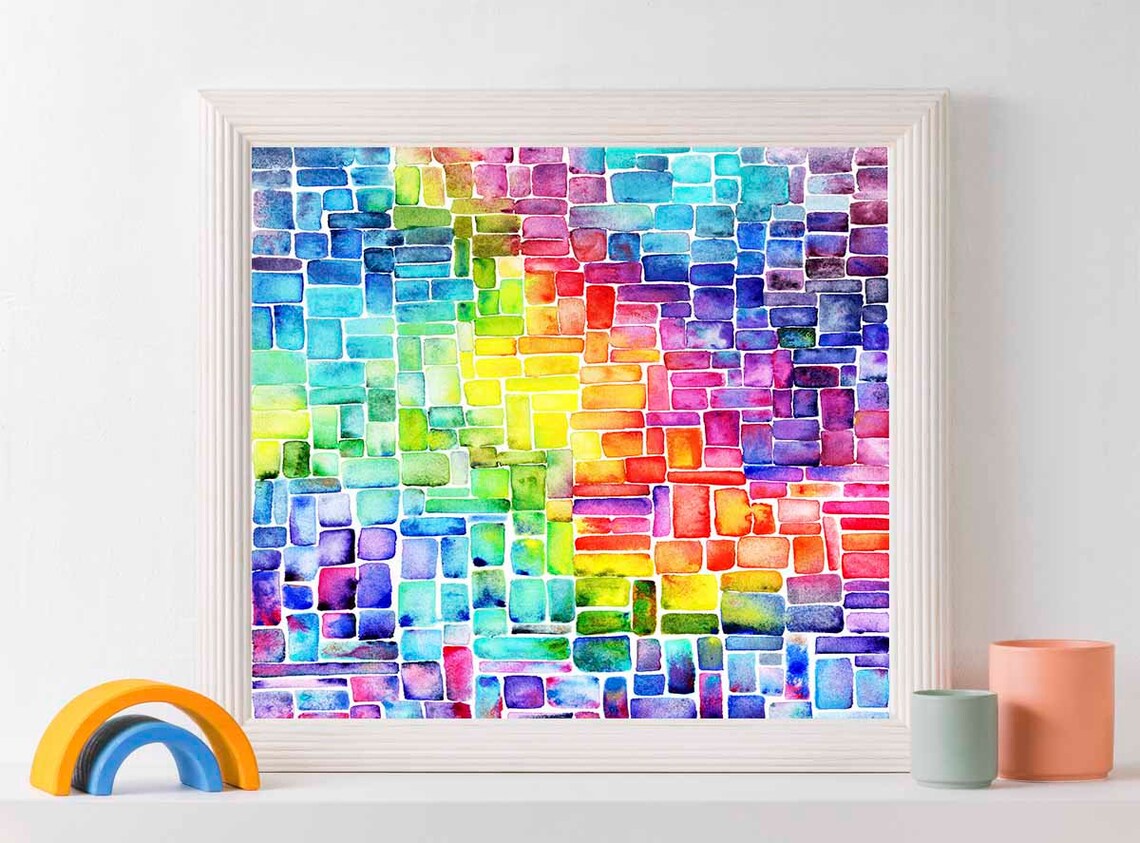 Rainbow Bricks Mosaic Watercolor Abstract Art Print - Etsy