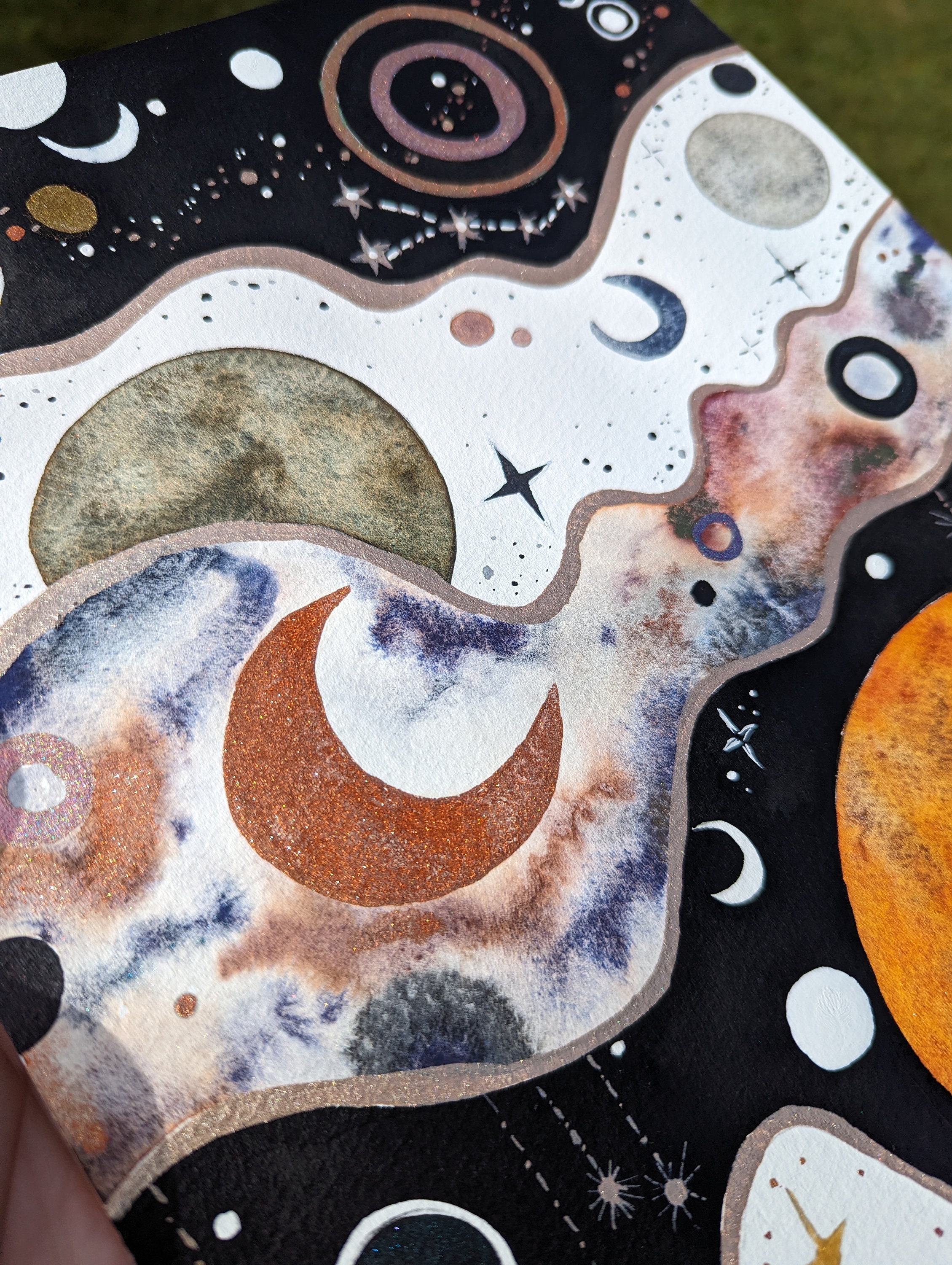 Moon and Stars Galactic Celestial Abstract Art Watercolor and Ink ...