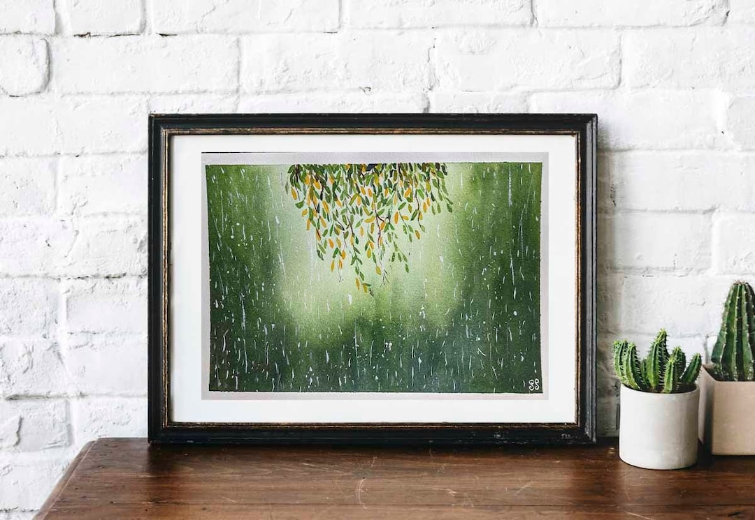 Rainy Day Misty Spring Forest and Leaves Original Watercolor Painting ...