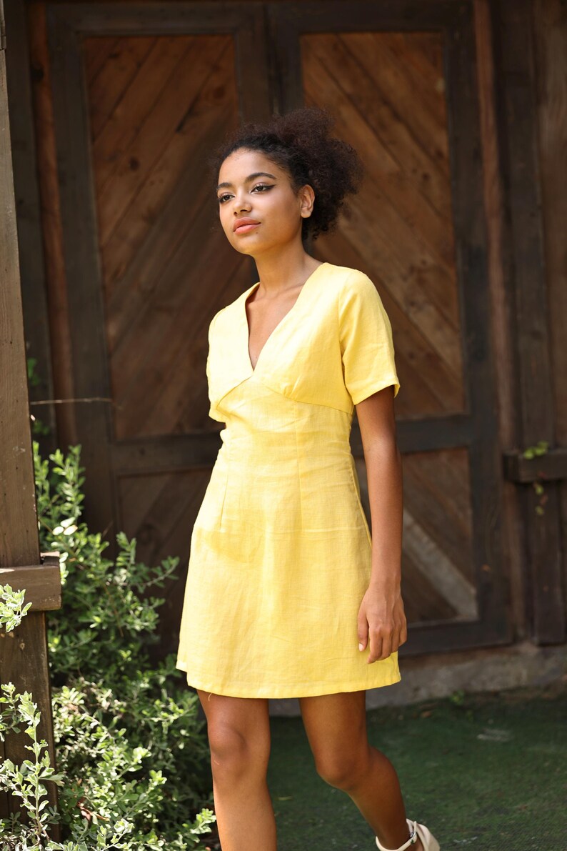 Linen V-neck Dress RONDA, Linen Mini Dress, Linen Short Dress, Summer ...