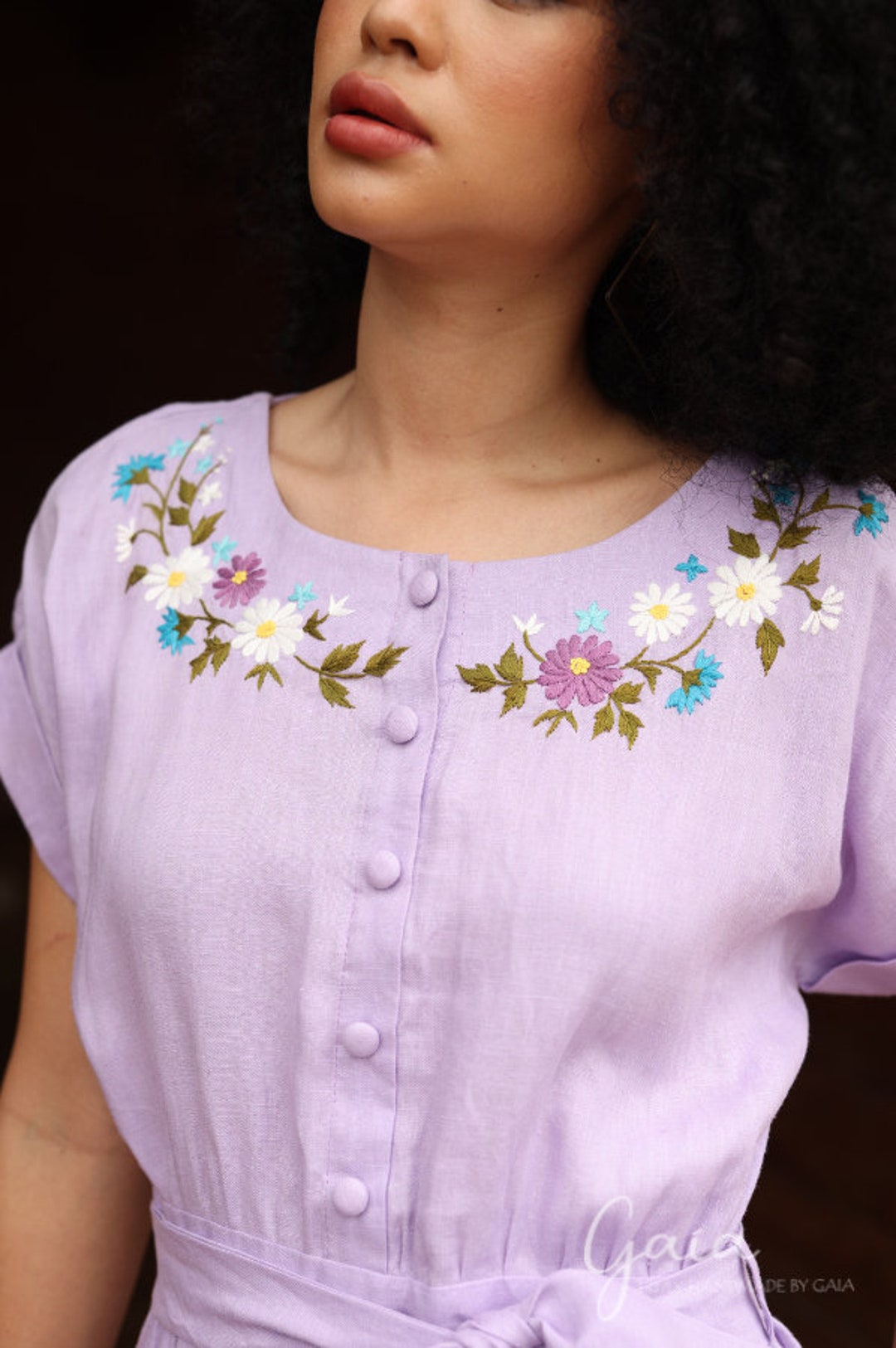 Hand Embroidered Linen Dress VIOLET, Linen Midi Dress Short Sleeves ...