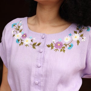 Hand Embroidered Linen Dress VIOLET, Linen Midi Dress Short Sleeves ...
