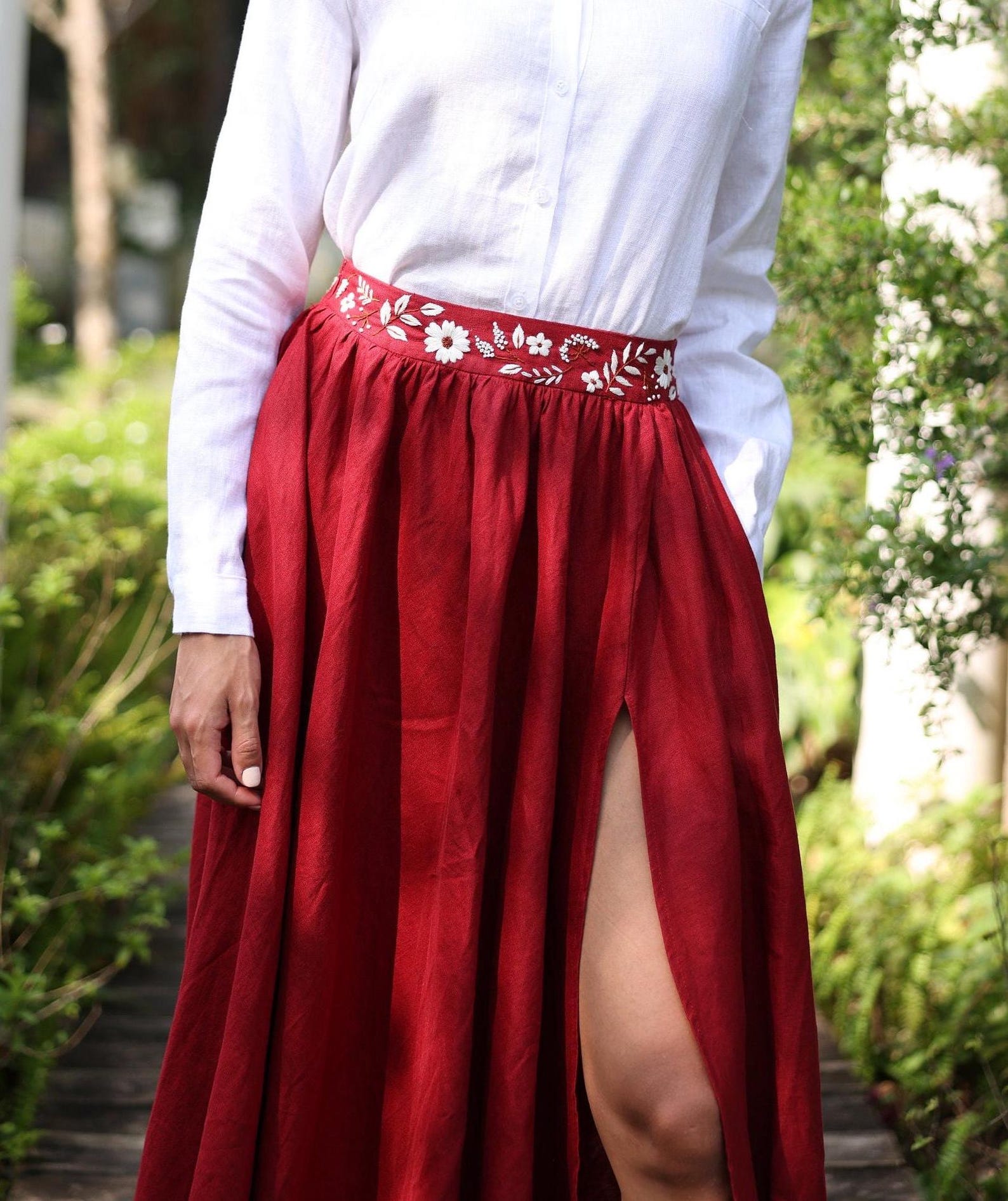 Hand Embroidered Linen Skirt FLORA, Maxi Skirt Boho, High Slit Skirt ...