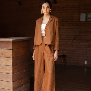 Casual Linen Suit BONNIE, Womens Suit Set, Single Breasted Suit, Brown ...