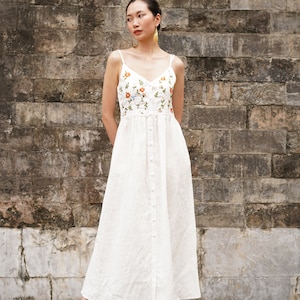 Linen Sundress Party DAMARIS, Hand Embroidered Maxi Linen Dress, White ...