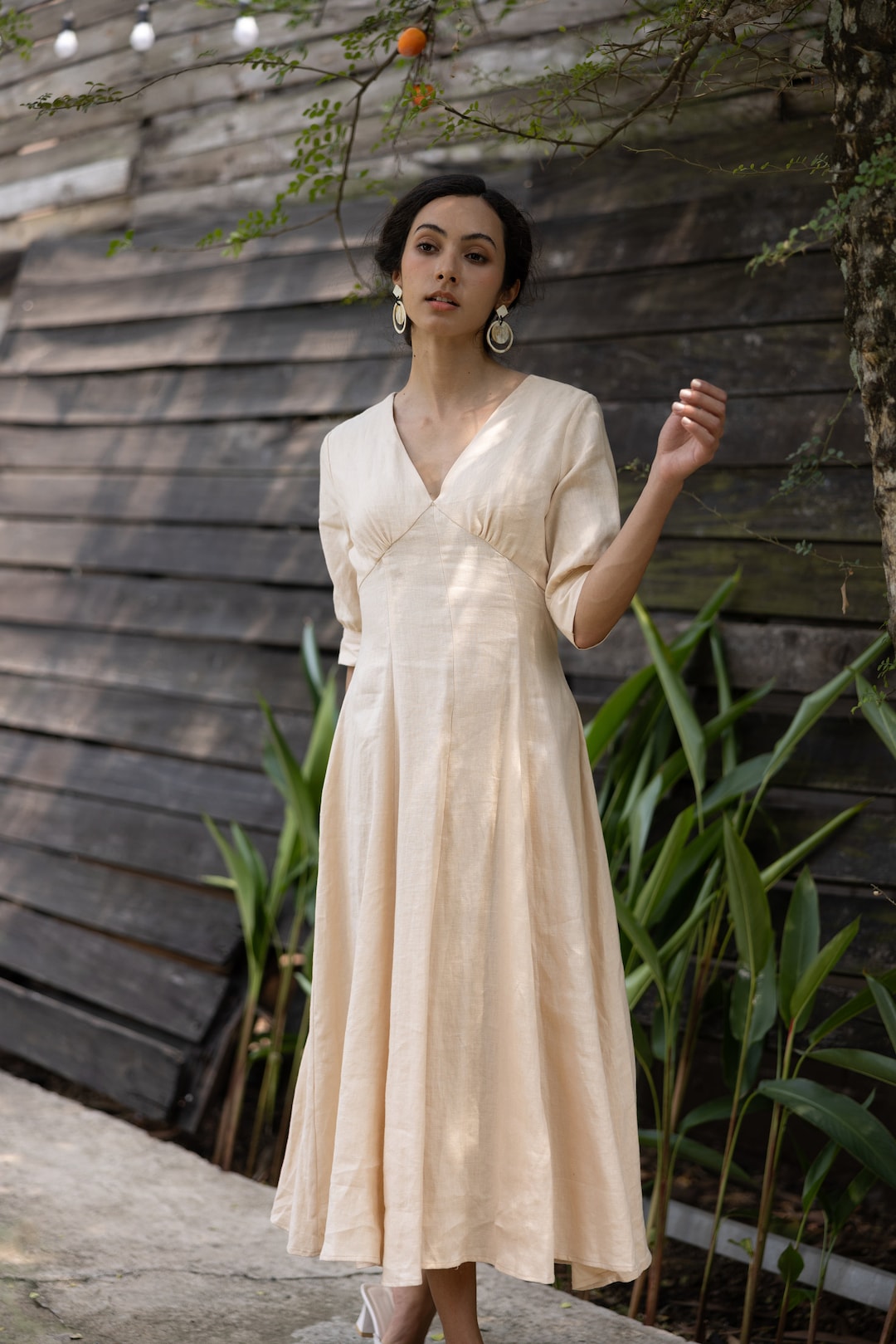 V-neck Linen Dress With Sleeves MARIANA, Elegant Linen Dress, Tea ...