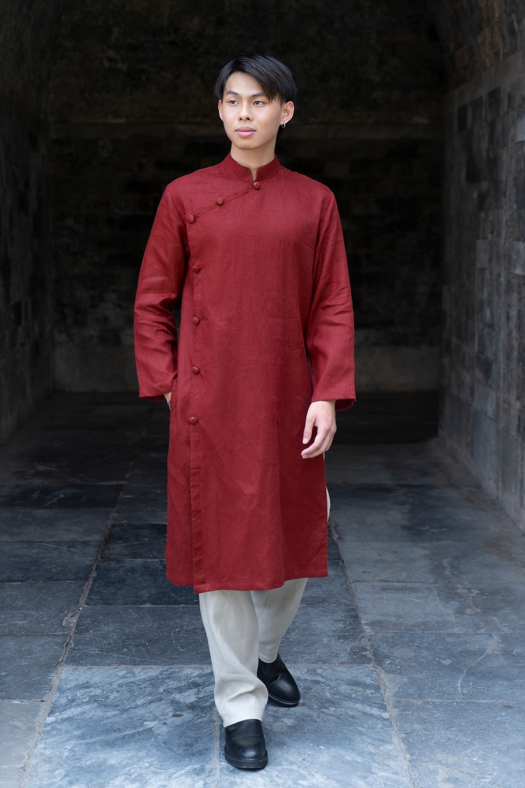 Linen Ao Dai for Men, Red Ao Dai Men, Men Ao Dai Tunic, Linen Ao Dai ...