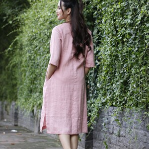 Hand Embroidered Linen Dress TESSA, Pink Linen Dress for Wedding Guest ...
