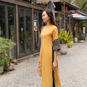 Yellow Linen Ao Dai for Women, Ao Dai Linen, Springluc Ao Dai Linen, Ao ...