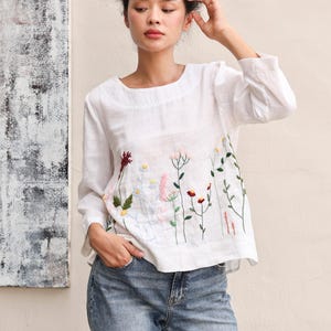 Linen Blouse With Hand Embroidery BINKY, Linen Blouse for Women, Long ...