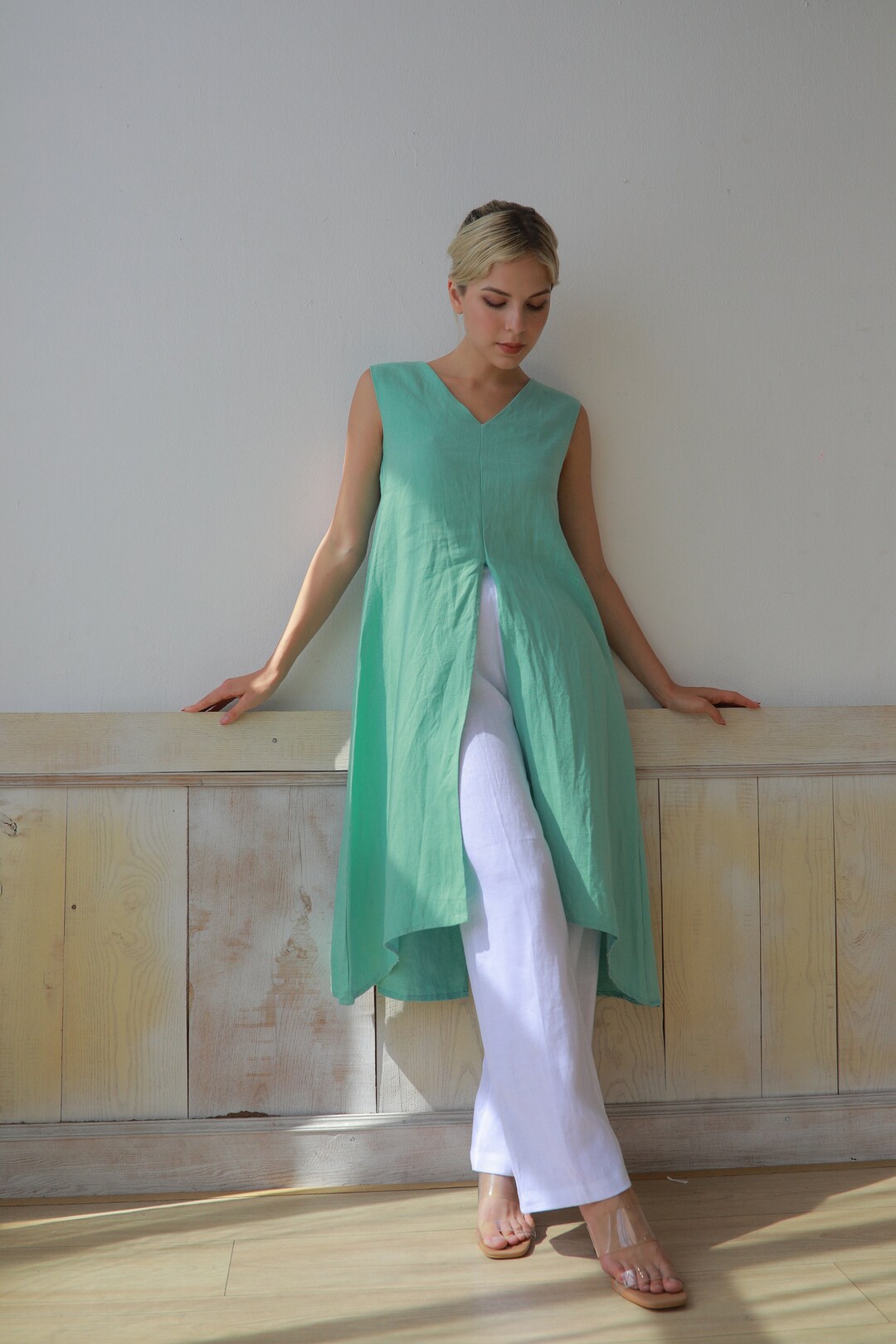 V Neck Linen Tunic MYA, Long Linen Tunic Women, Linen Shirt Dress ...