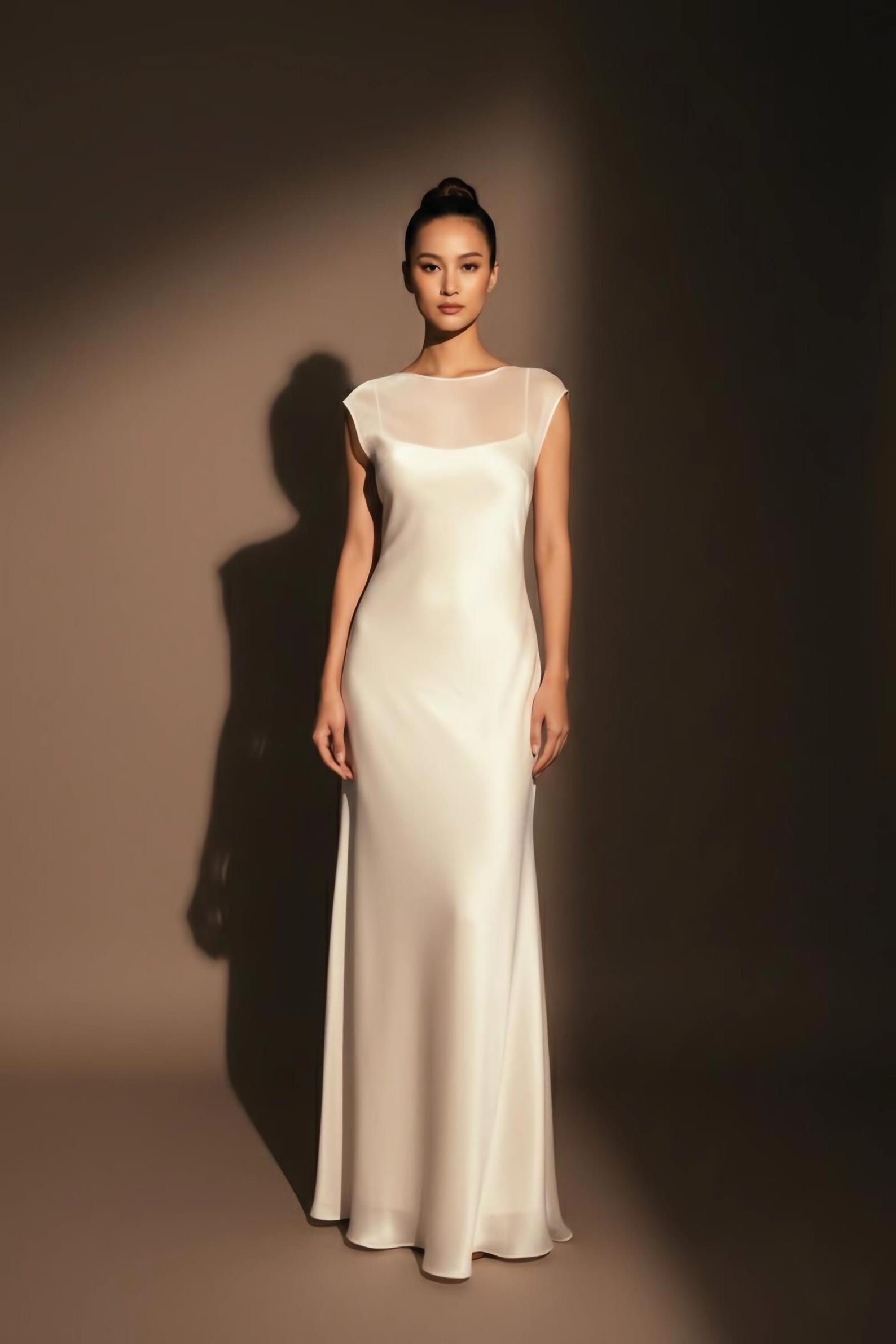 Deep V-back Silk Satin Dress SYLEA, Round Neck Gown, Cusom Fit - Etsy