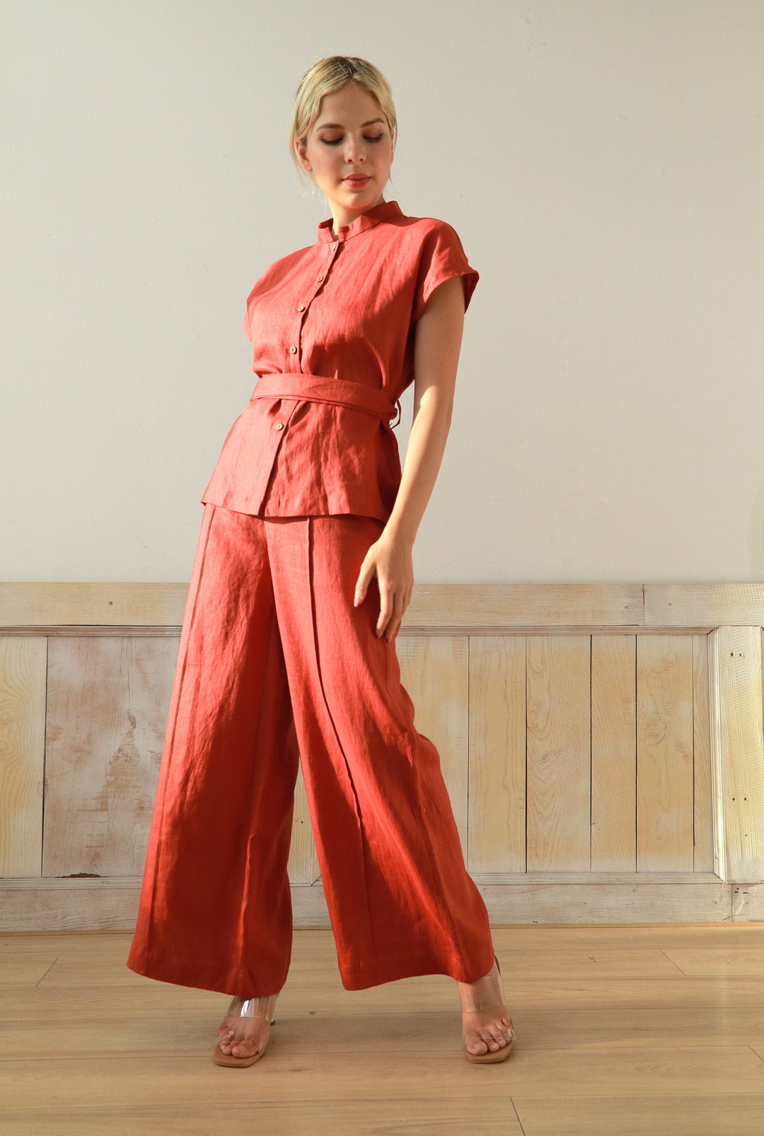 Linen Two Piece Set Women CAMILLA, Linen Top and Pants Terra Cotta ...