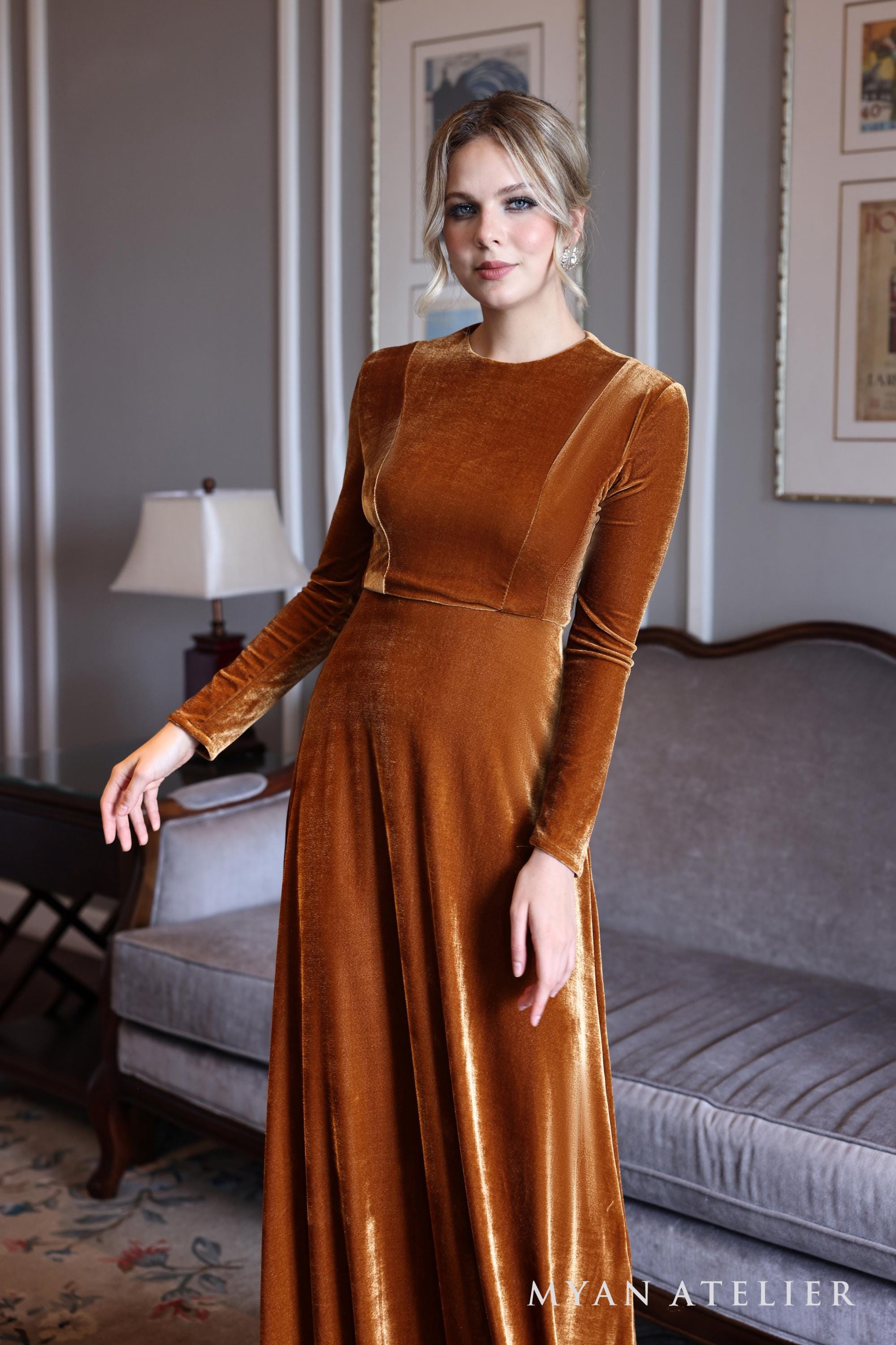 Long Sleeve Floor-length Gown ISOBEL, Caramel Velvet Bridesmaid Dress ...