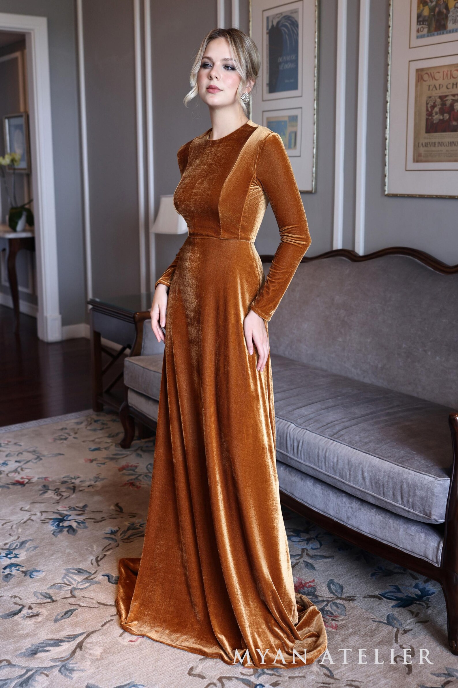 Long Sleeve Floor-length Gown ISOBEL, Caramel Velvet Bridesmaid Dress ...