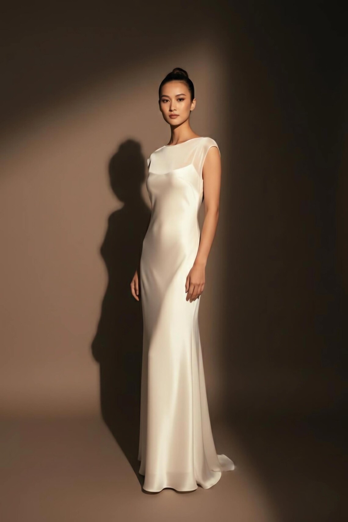 Deep V-back Silk Satin Dress SYLEA, Round Neck Gown, Cusom Fit - Etsy