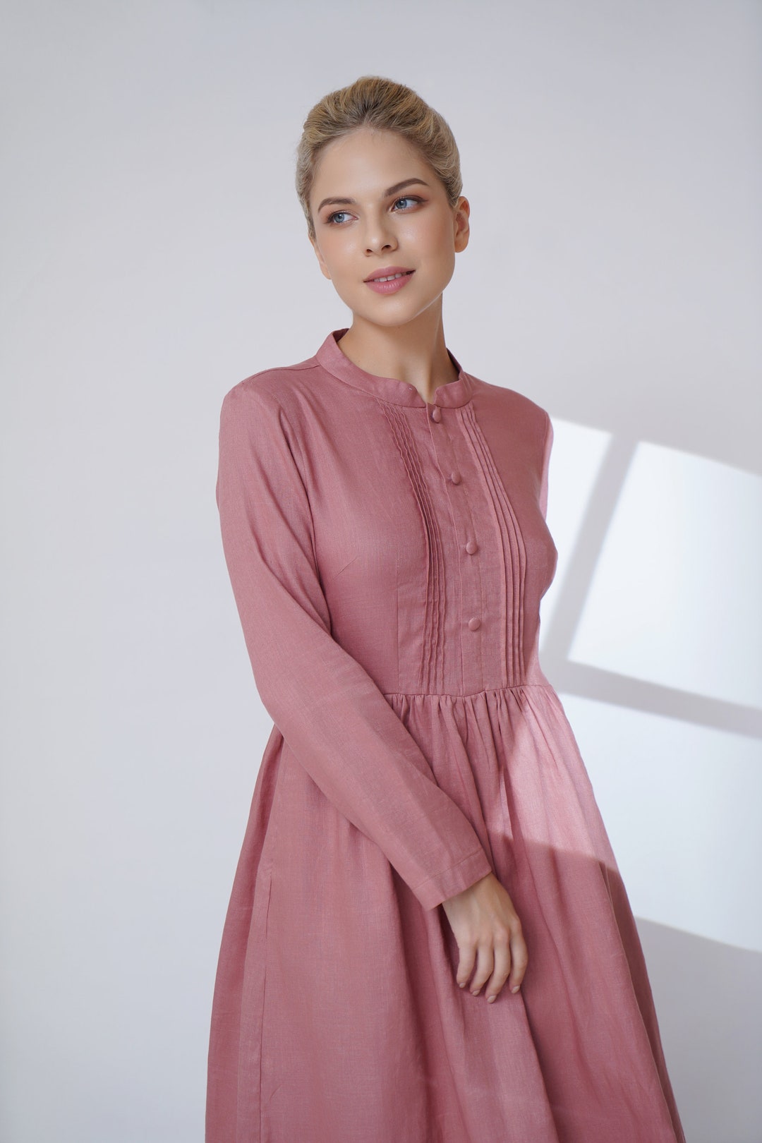 Midi Linen Dress With Long Sleeves, Elegant Linen Dress, Collared Linen ...