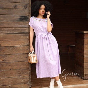 Hand Embroidered Linen Dress VIOLET, Linen Midi Dress Short Sleeves ...