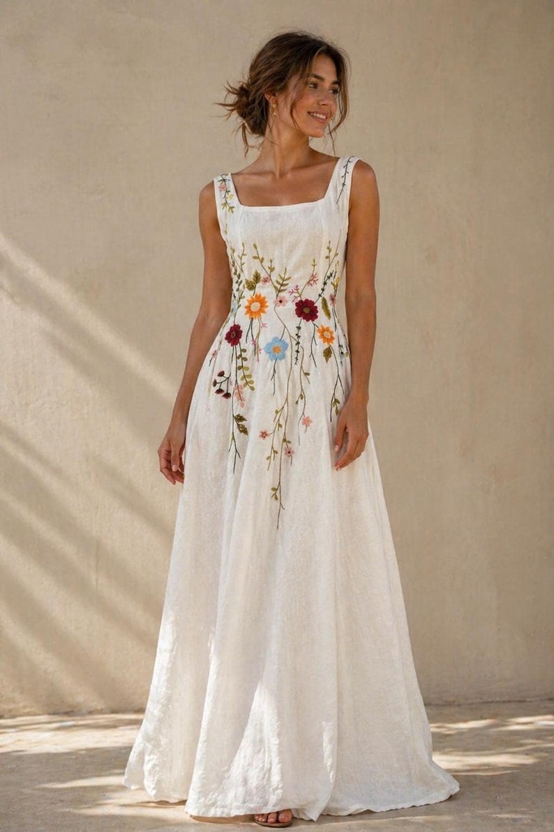 Square Neckline Linen Wedding Gown, Loop-scoop Back With Hand ...