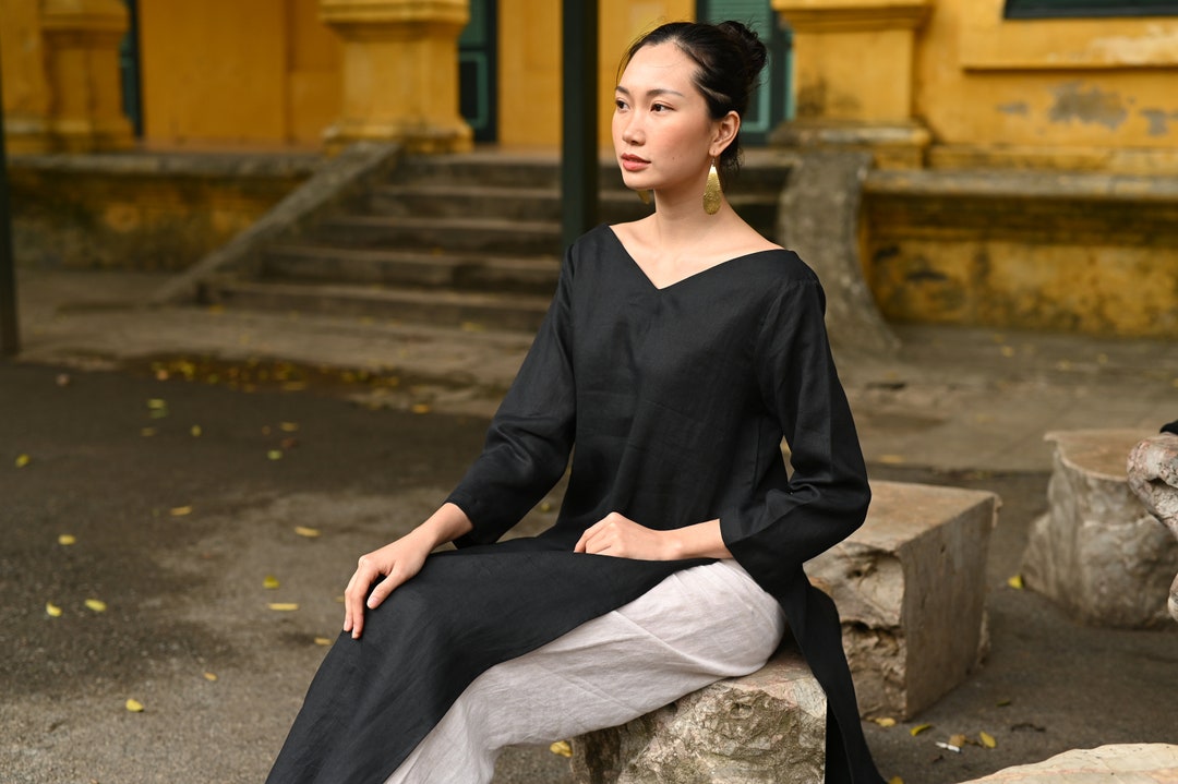 Linen Vietnamese Dress, Linen Modern Ao Dai, Loose Ao Dai, V-neck Ao Dai, Ao Dai Plus Size, Ao ...