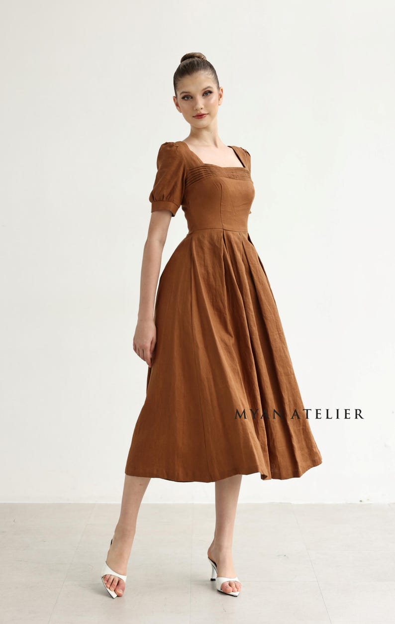 Square Ruffled Neck Midi Dress FAYRA, Short Sleeve Linen Dress, Custom ...