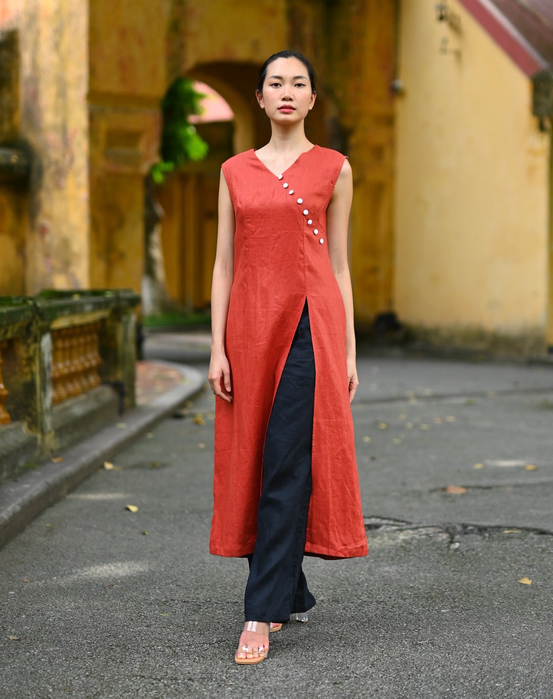 Sleeveless Linen Long Tunic Tops for Women, Summer Tunics Tops, Linen Two Piece Set, Kaftan ...