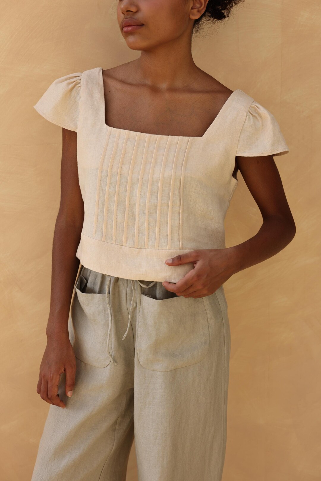 Linen Pleated Top Front VIOLA, Cap Sleeve Top, Square Neck Top, Linen ...