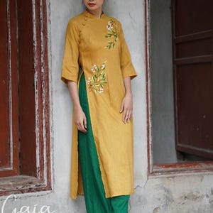 Handmade Embroidery Ao Dai, Linen Modern Ao Dai, Modern Vietnamese ...