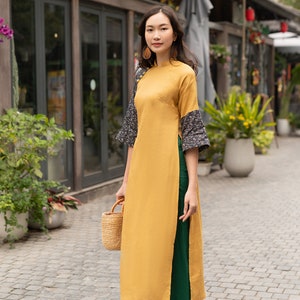 Yellow Linen Ao Dai for Women, Ao Dai Linen, Springluc Ao Dai Linen, Ao ...