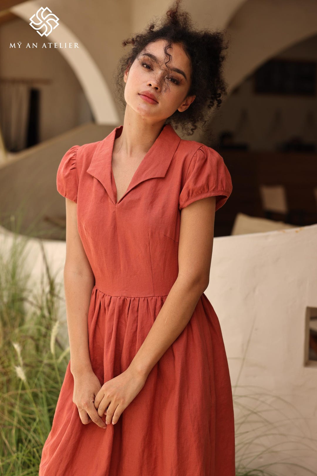 Linen Dress With Cap Sleeves SABRINA, Linen Dress With Zipper, Linen ...