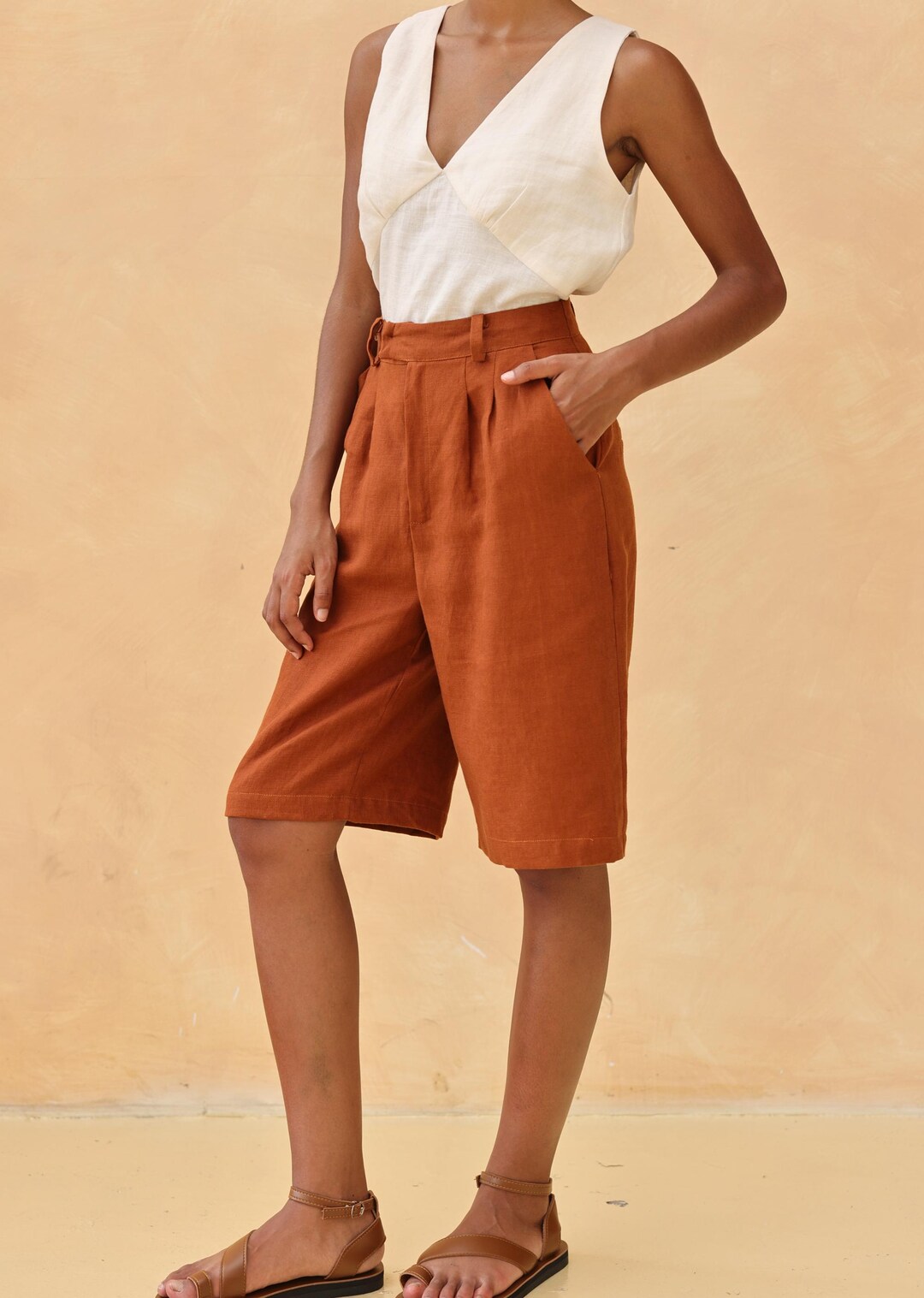 High Rise Shorts With Pockets ASPEN, Pleated Linen Shorts, Long Linen ...