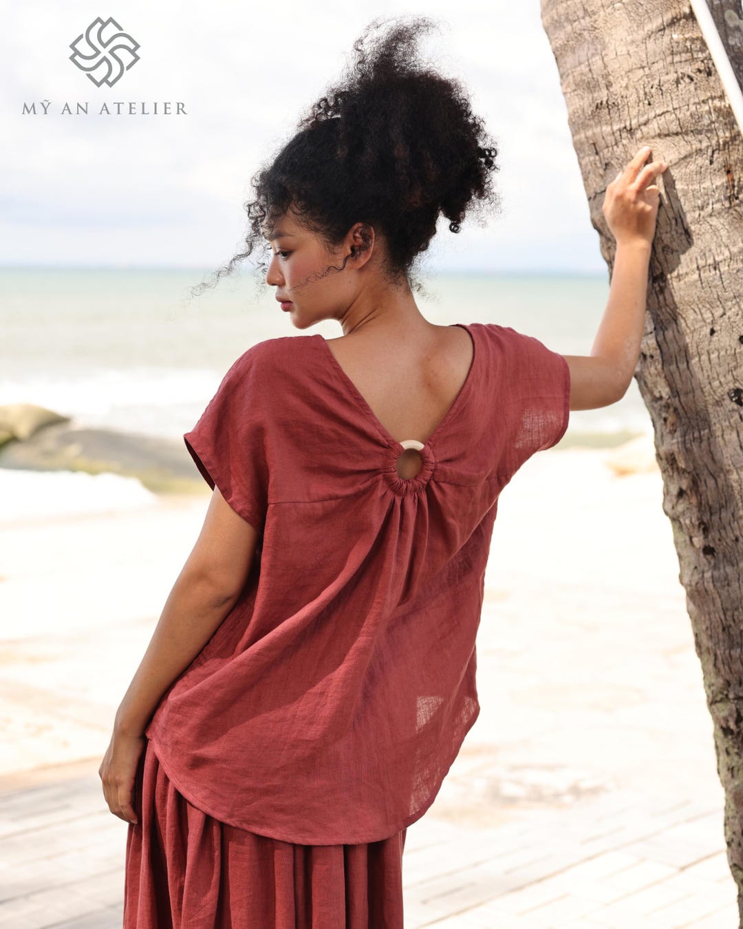 Gathered Keyhole Back Top ESER, Linen Short Sleeve, Soft Linen Top ...