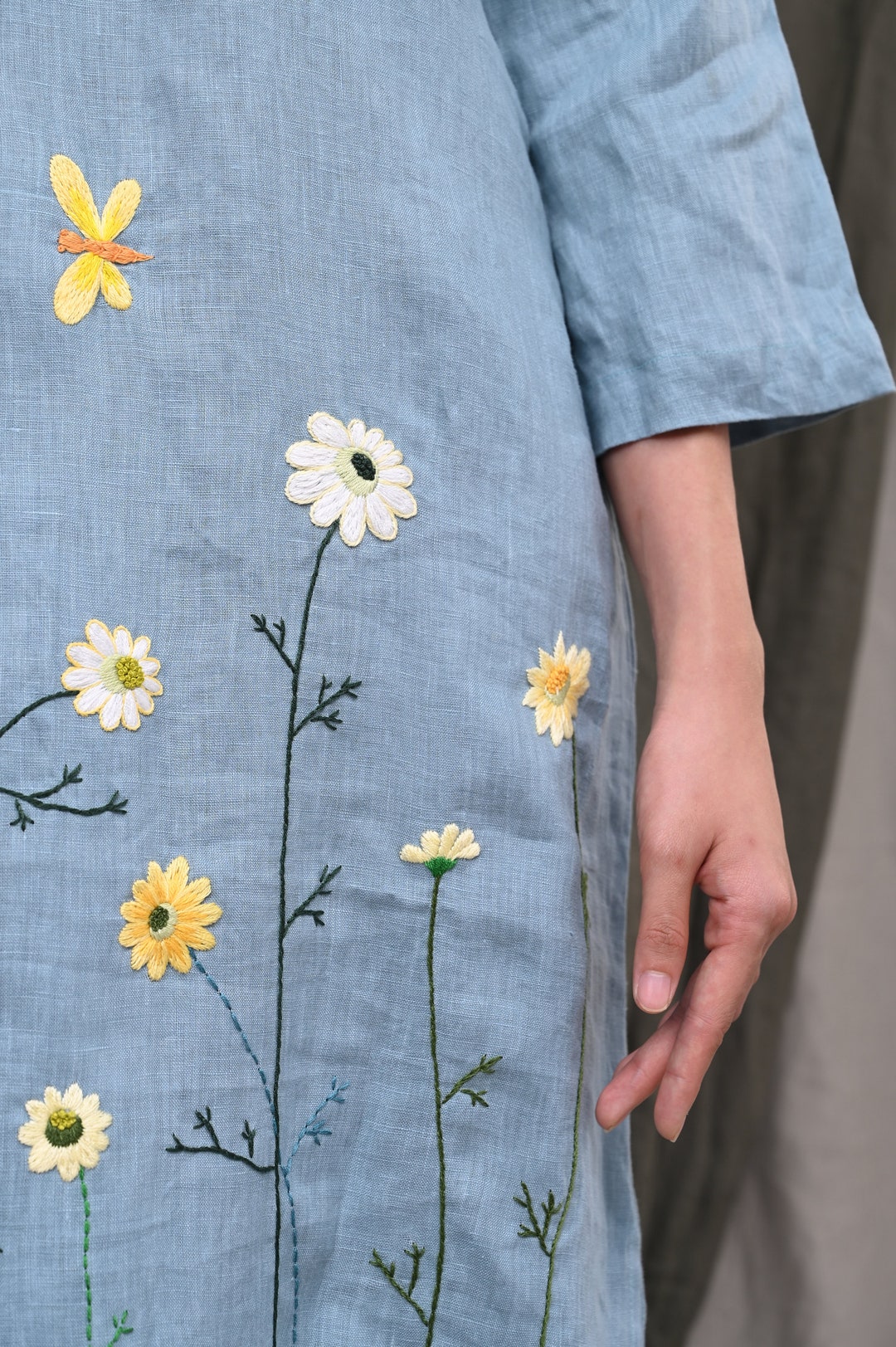 Handmade Embroidery Linen Midi Dress ANA, Linen Dress for Wedding Guest ...