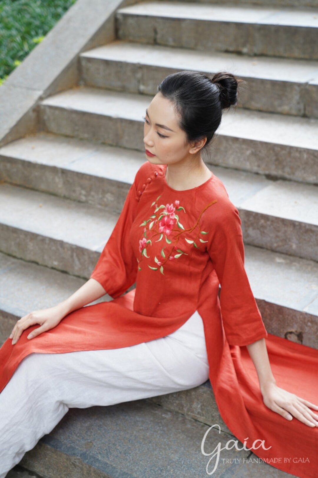 Handmade Embroidery Linen Ao Dai Vietnamese Ao Dai Linen Ao Dai Women