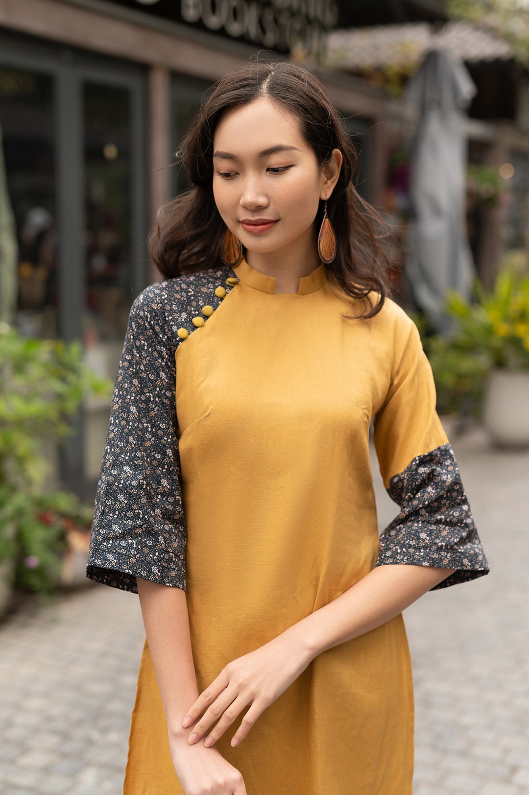 Yellow Linen Ao Dai for Women, Ao Dai Linen, Springluc Ao Dai Linen, Ao ...