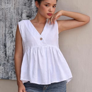 Linen Sleeveless V-neck Top for Woman AMAL, Button Front Top, Linen ...