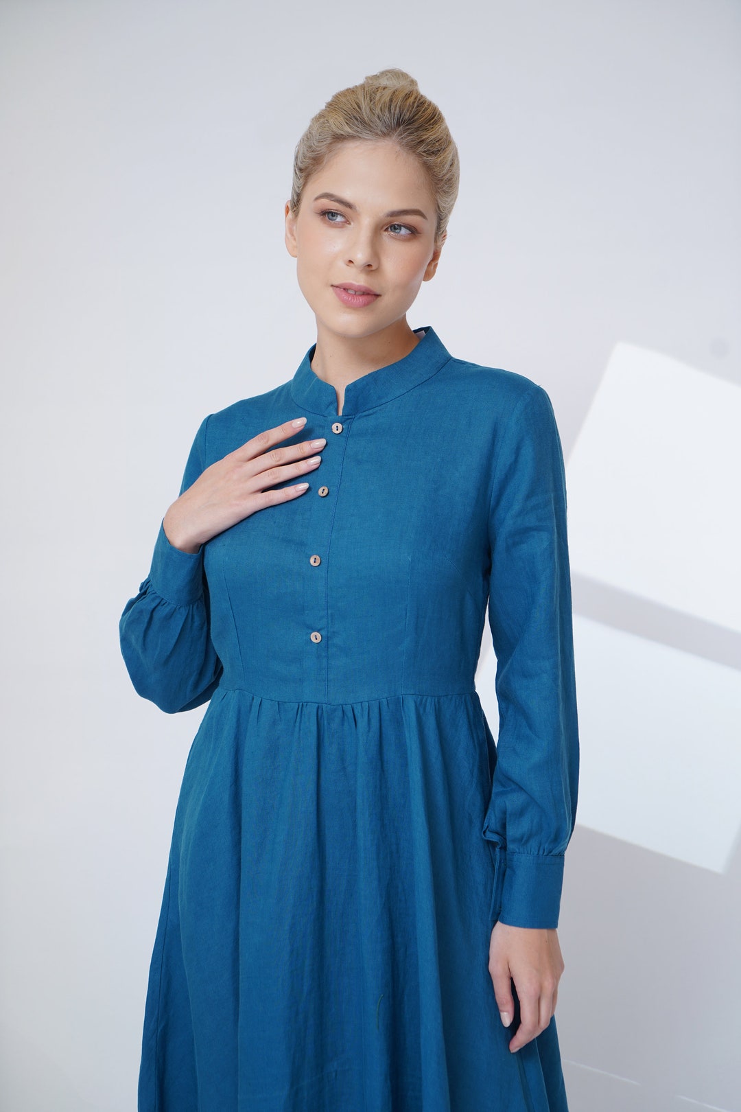 Linen Midi Dress With Long Sleeves, Formal Linen Dress, Collared Linen ...
