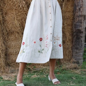 Embroidered Midi Skirt MIA, Linen Pleated Skirt, Maxi Skirt Boho ...