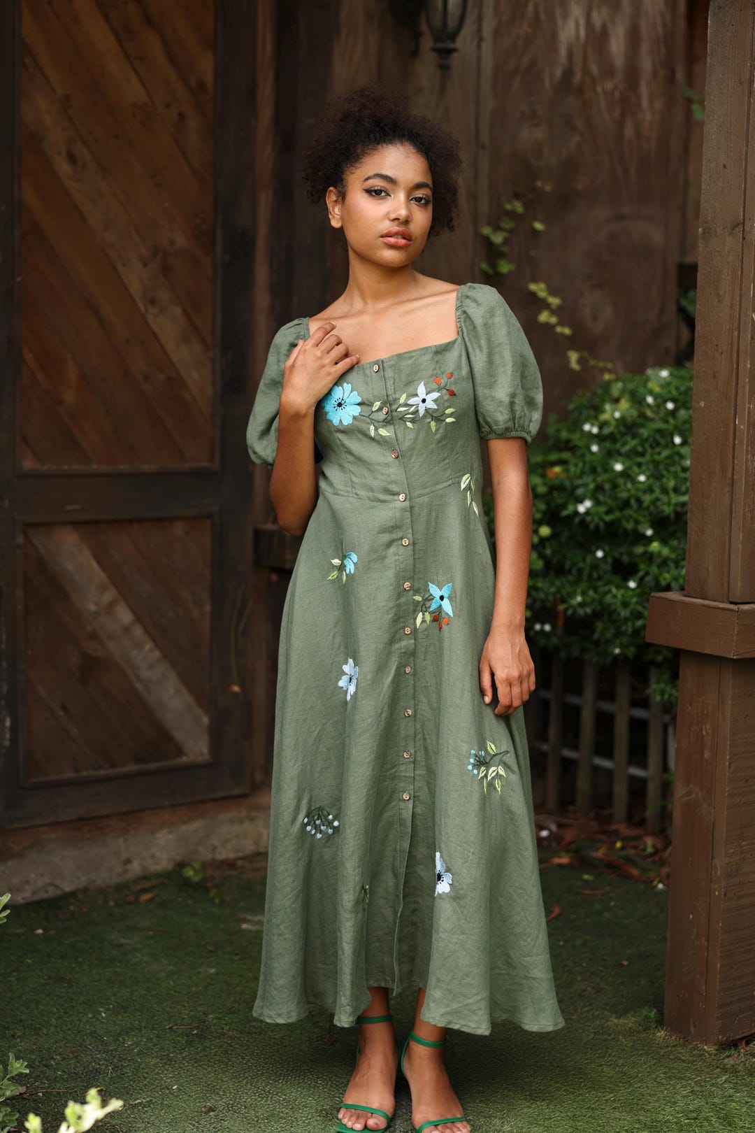Square Neck Linen Dress With Hand Embroidery HAILEY, Button Down Linen ...