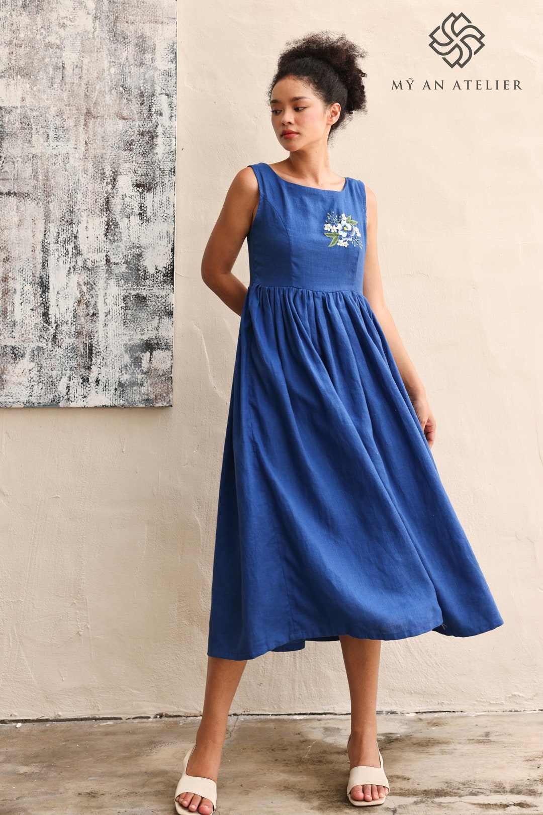 Hand-embroidered Backless Linen Dress NOMI, Open Back Midi Linen Dress ...