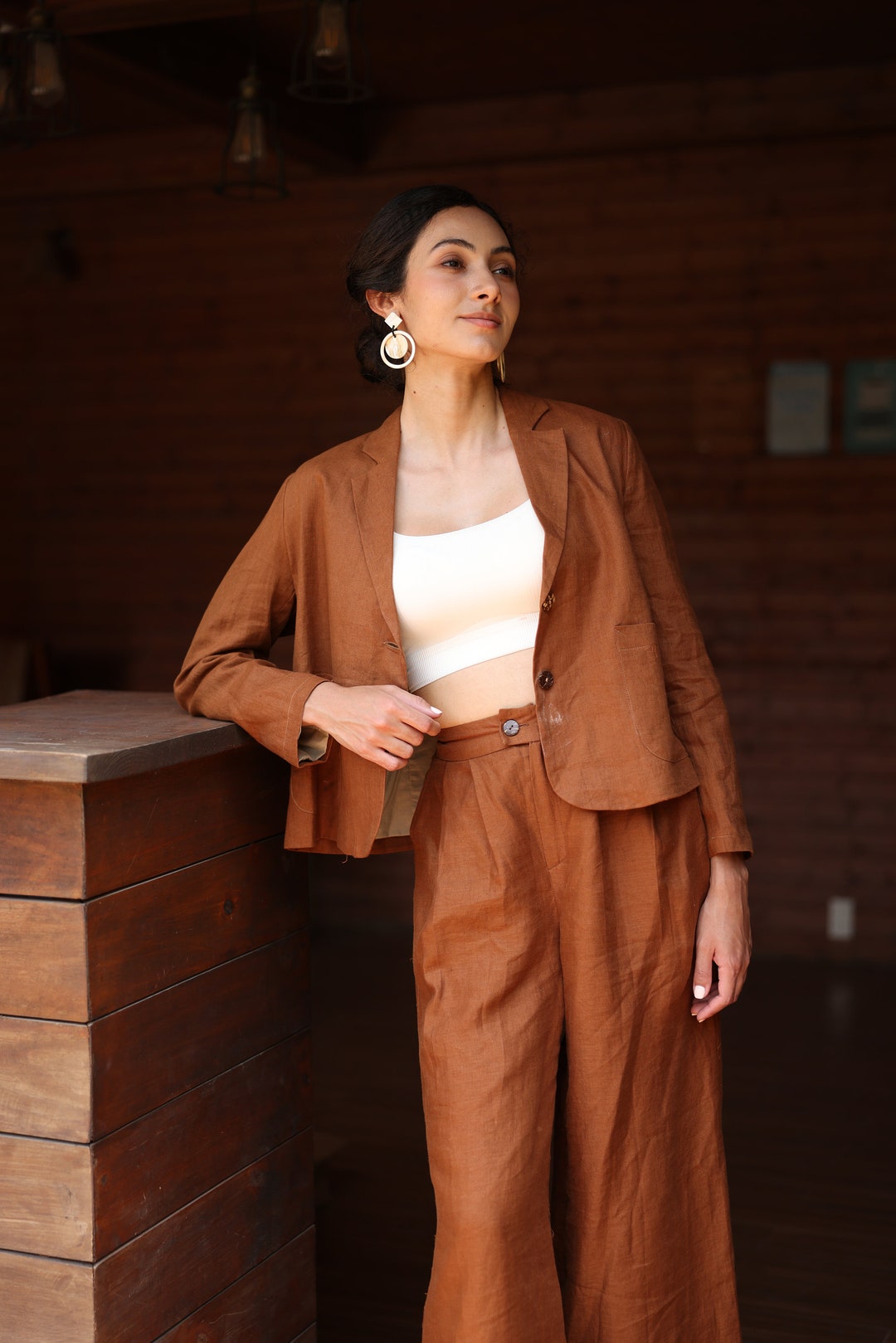 Casual Linen Suit BONNIE, Womens Suit Set, Single Breasted Suit, Brown ...
